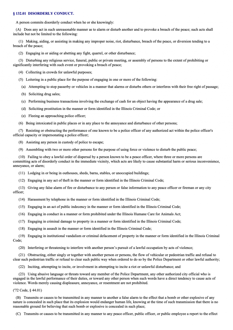 § 132.01 Disorderly Conduct - Marseilles, Illinois